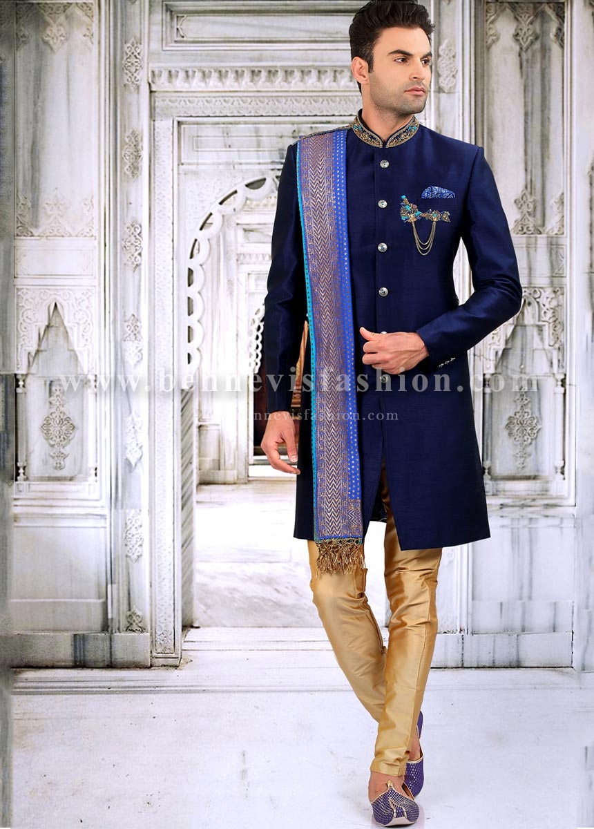 Navy Blue Imported Designer Indowestern Sherwani | Bennevis Fashion