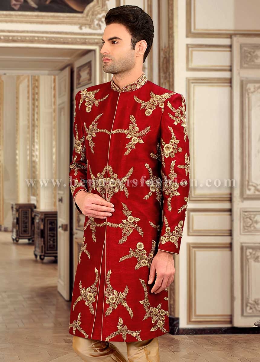 Red Silk Embroidered Sherwani for Men | Bennevis Fashion