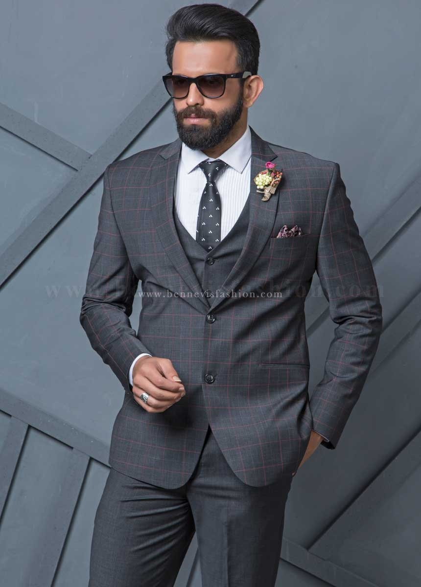 Grey Terry Wool Checkered Designer Suit | Bennevis Fashion