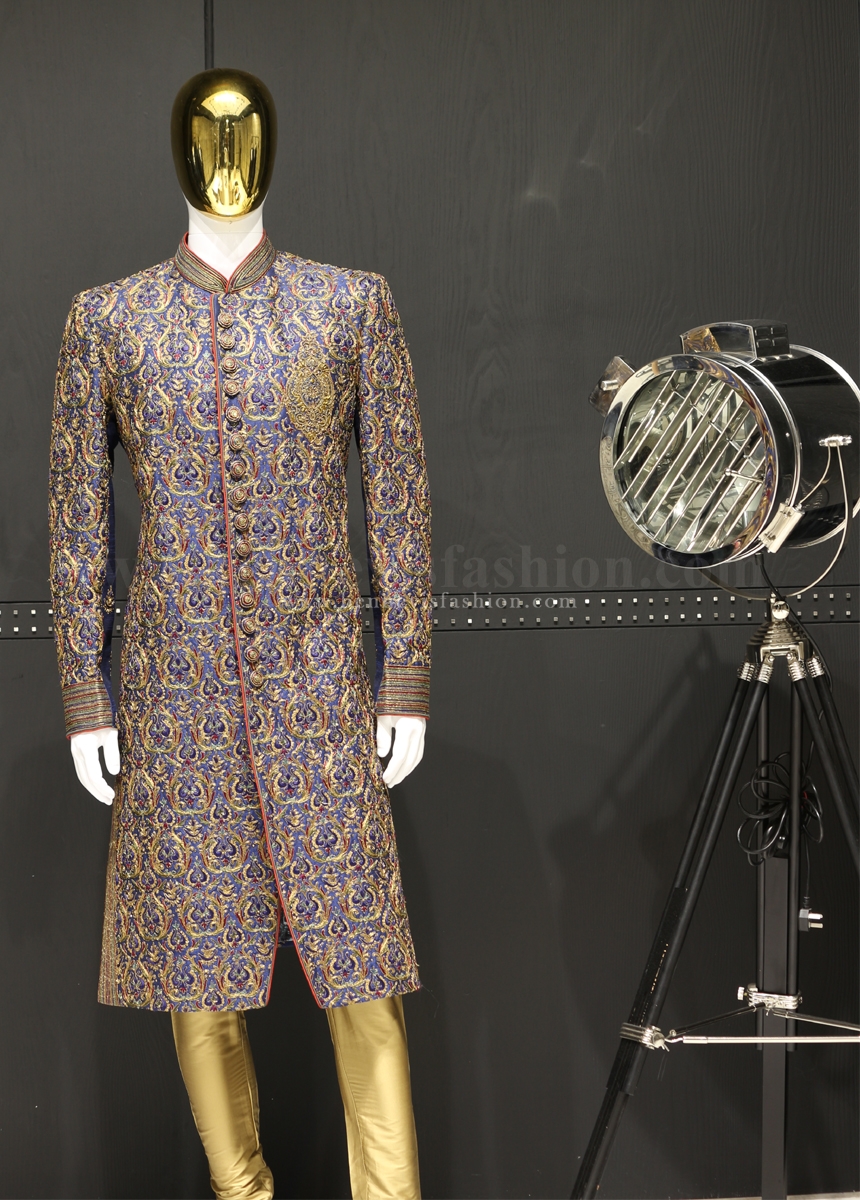 Blue Color Embroidered Mens Sherwani | Bennevis Fashion